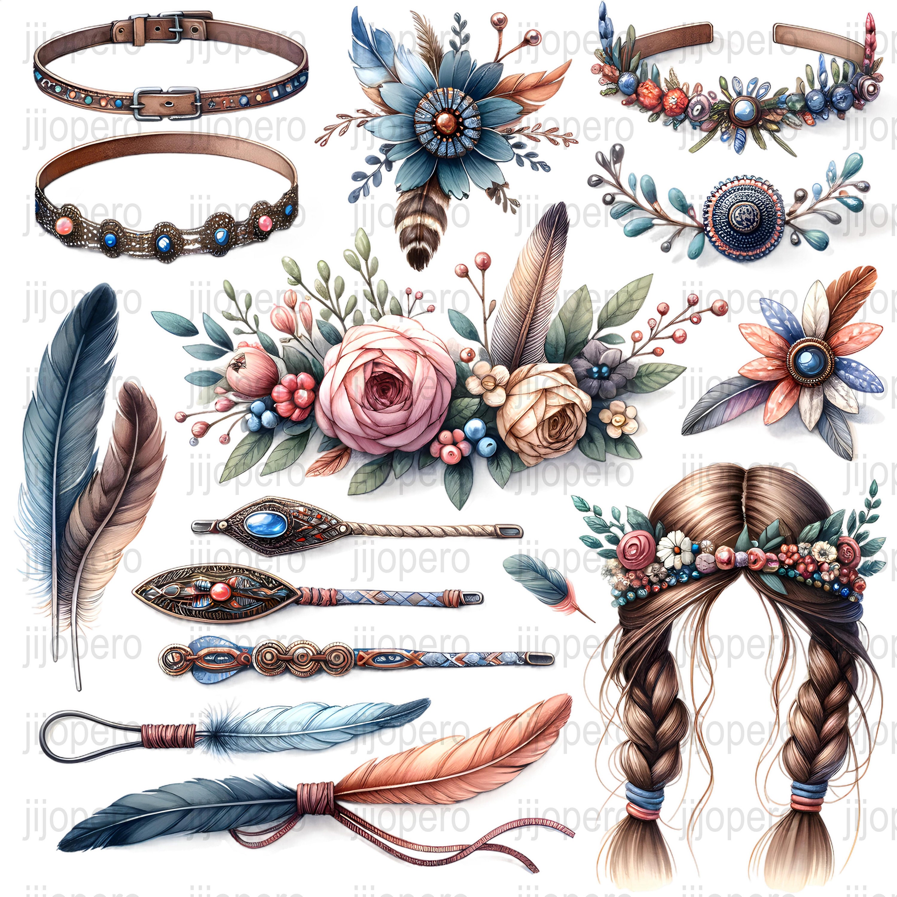Boho Chic Digital Clipart Bundle, PNG Flowers Feathers Belts, Printable ...
