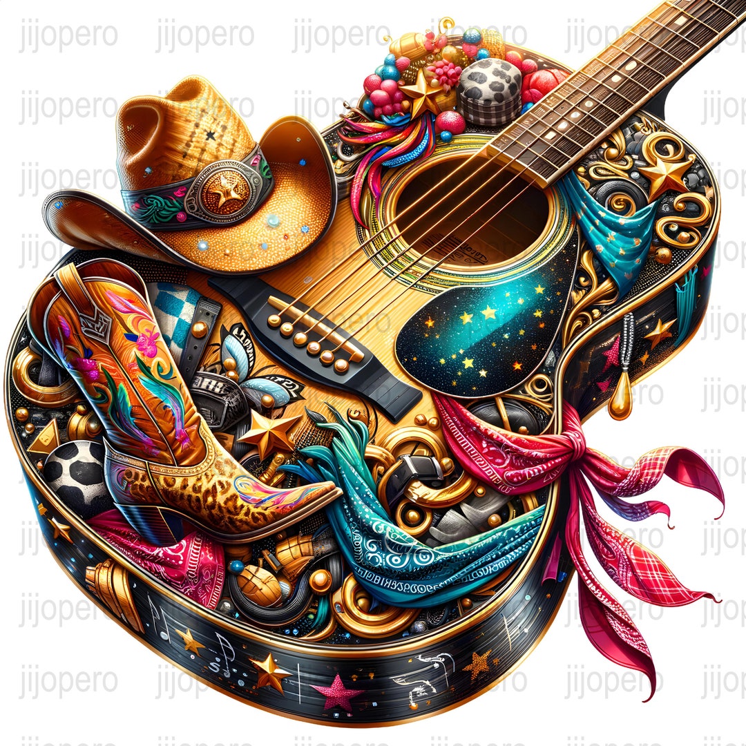 Colorful Western Music Art PNG, Guitar Cowboy Hat Boots, Digital Print ...