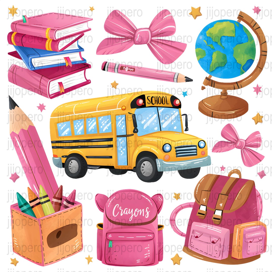 School Bus Digital Clipart Set, Back to School Illustrations, Pink and ...