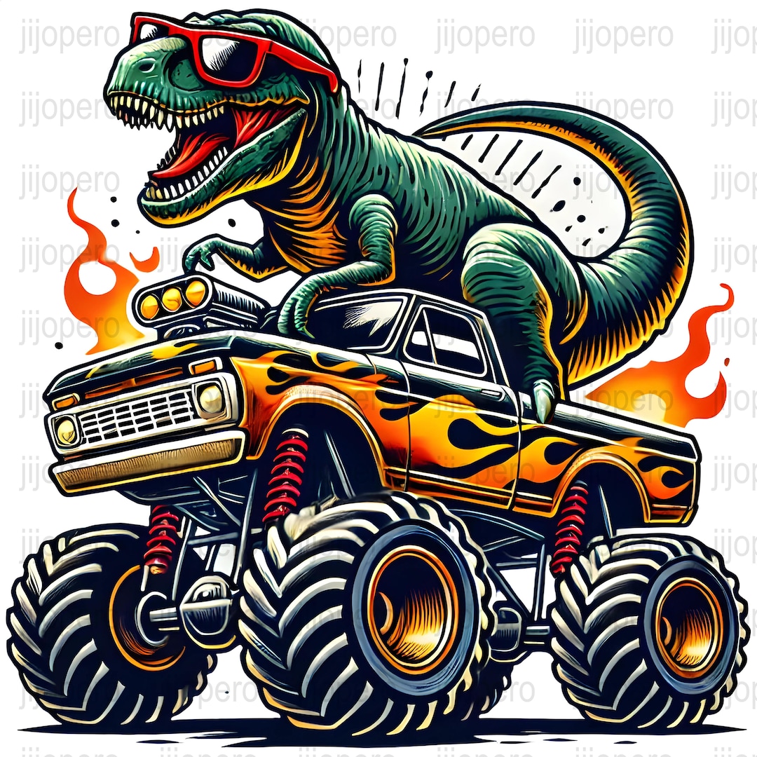 Dinosaur Monster Truck Digital Art, Colorful T-rex Design, Kids Room ...