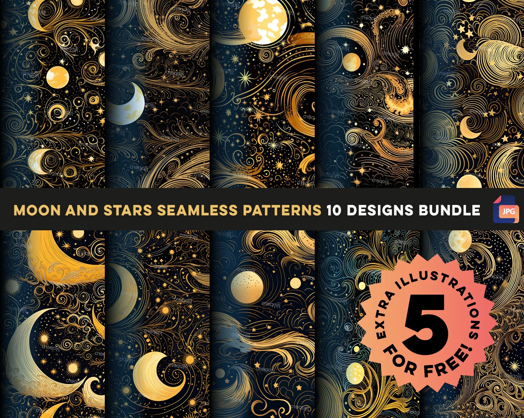 Moon Digital Paper Moon and Stars Seamless Patterns Commercial Use ...