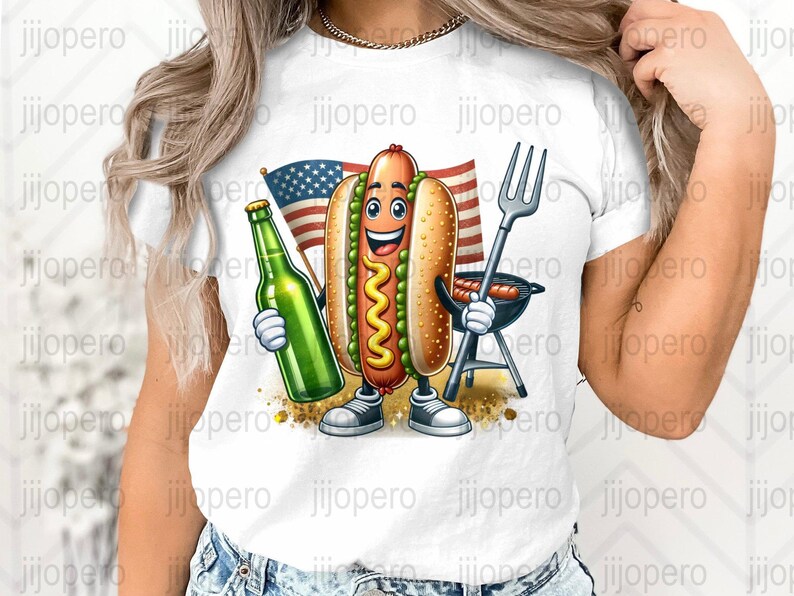 Patriotic Hot Dog Cartoon PNG, American Flag, Beer, BBQ Party Digital ...