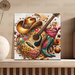 Western Music Guitar Cowboy Hat Digital Art PNG, Colorful Country Theme ...