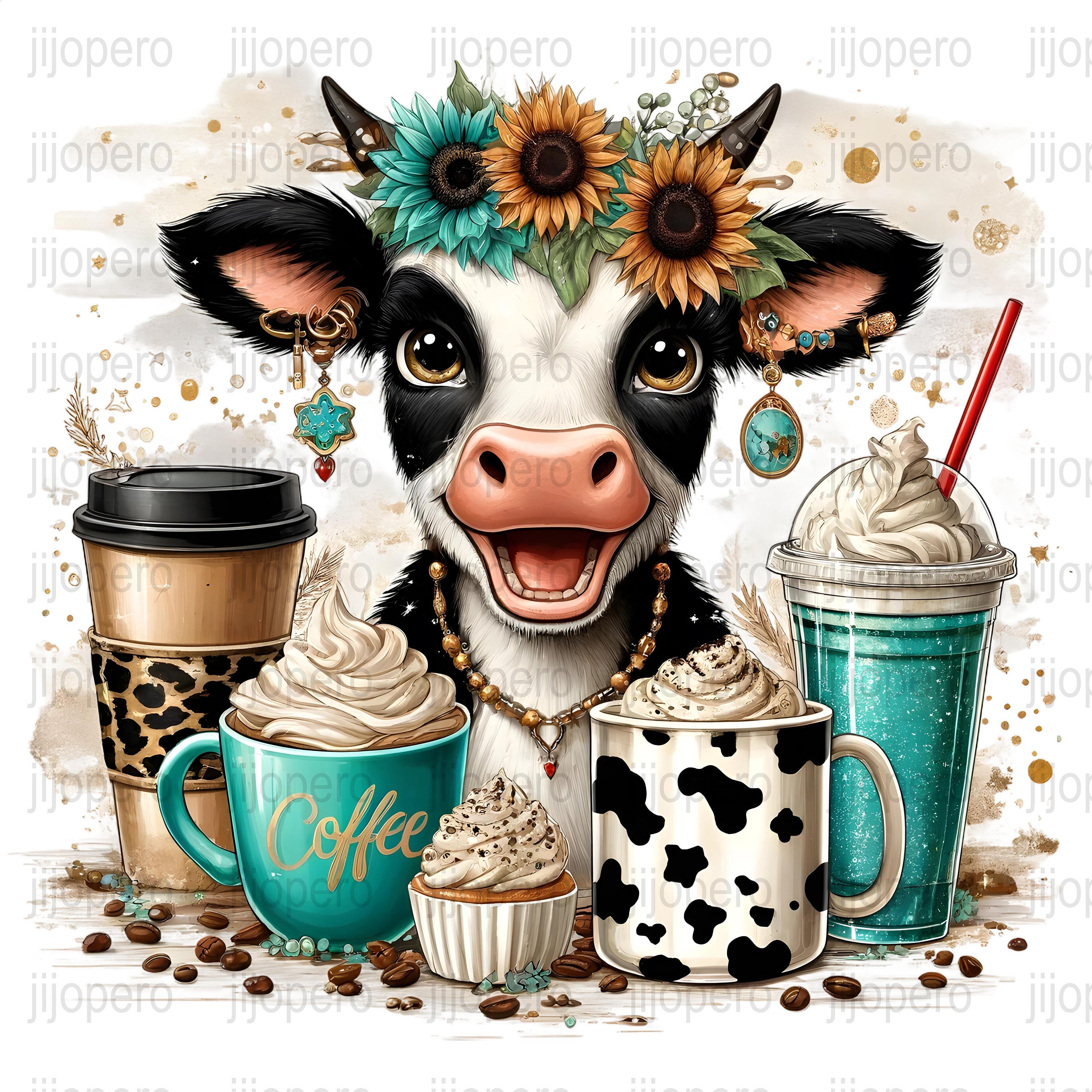 Cute Cow With Coffee PNG, Farmhouse Kitchen Decor Digital Print, Flower ...