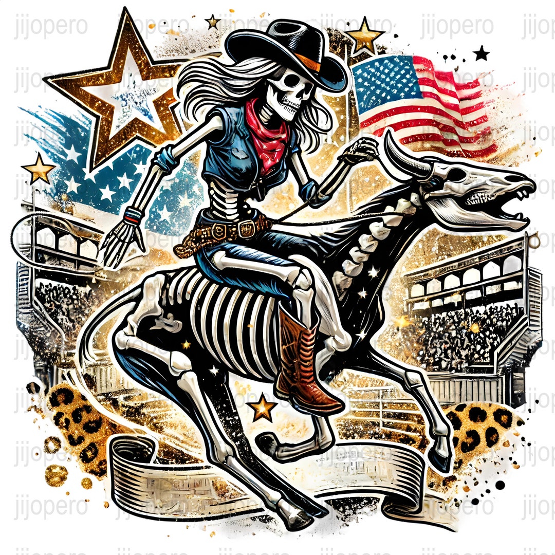 Skeleton Cowboy Riding Bull Digital Art, Western Style PNG, Patriotic ...