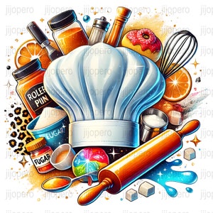 Colorful Chef's Hat and Kitchen Items Digital Art PNG, Vibrant Cooking ...