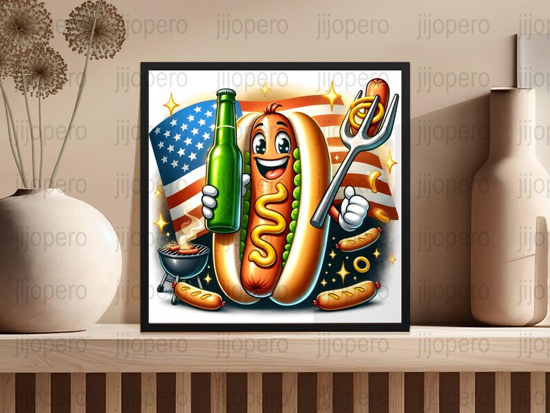 Patriotic BBQ Hot Dog Cartoon Digital PNG, Festive Fourth of July ...