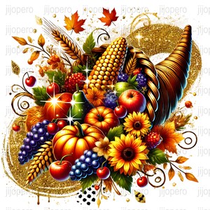 Thanksgiving Harvest Clipart, Cornucopia Autumn Art, Fall Season ...