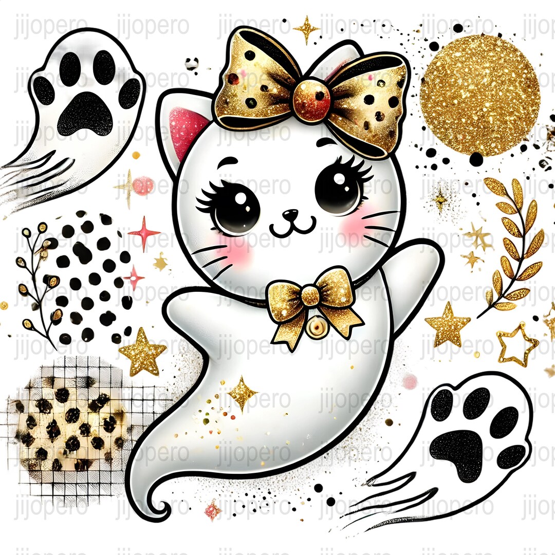 Halloween PNG Cute Ghost Cat With Bow, Golden Stars, Polka Dots Digital ...