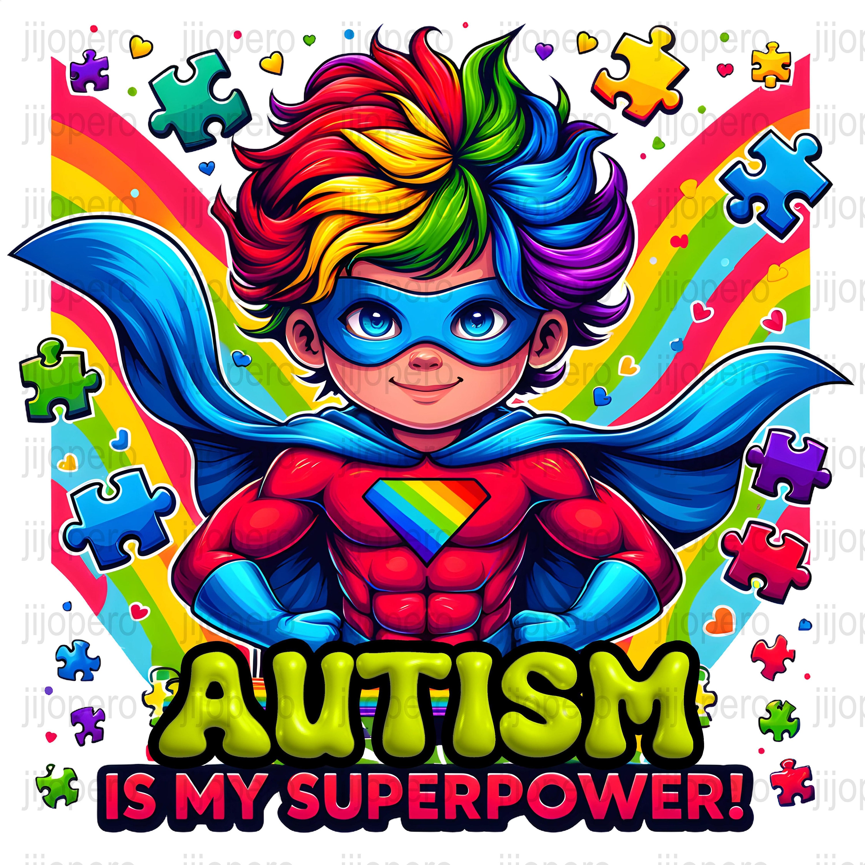 Digital PNG Autism Awareness Superhero Kid Image, Colorful Puzzle ...
