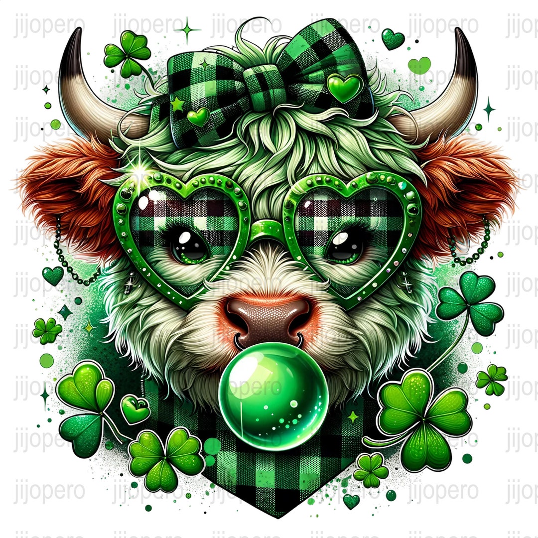 St. Patrick's Day PNG, Highland Cow With Glasses, Green Clover Digital ...
