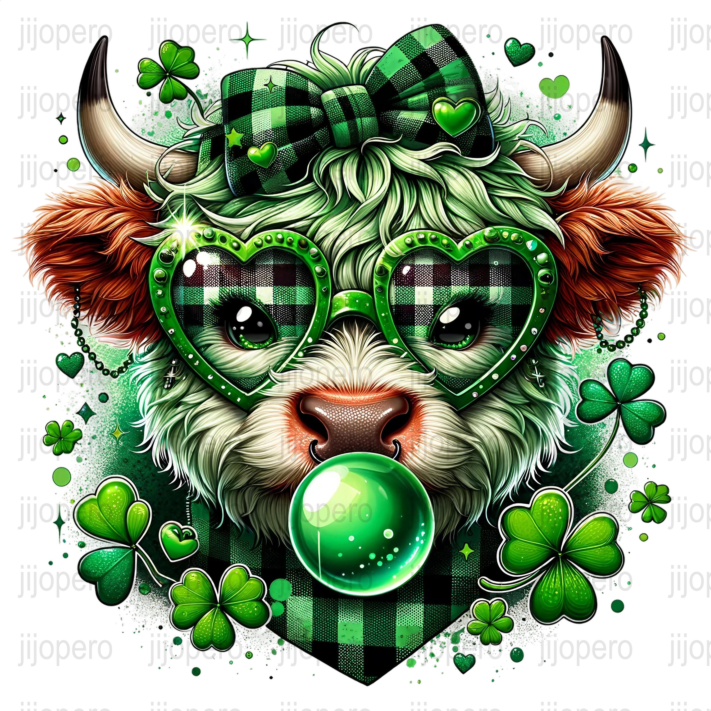 St. Patrick's Day PNG, Highland Cow With Glasses, Green Clover Digital ...