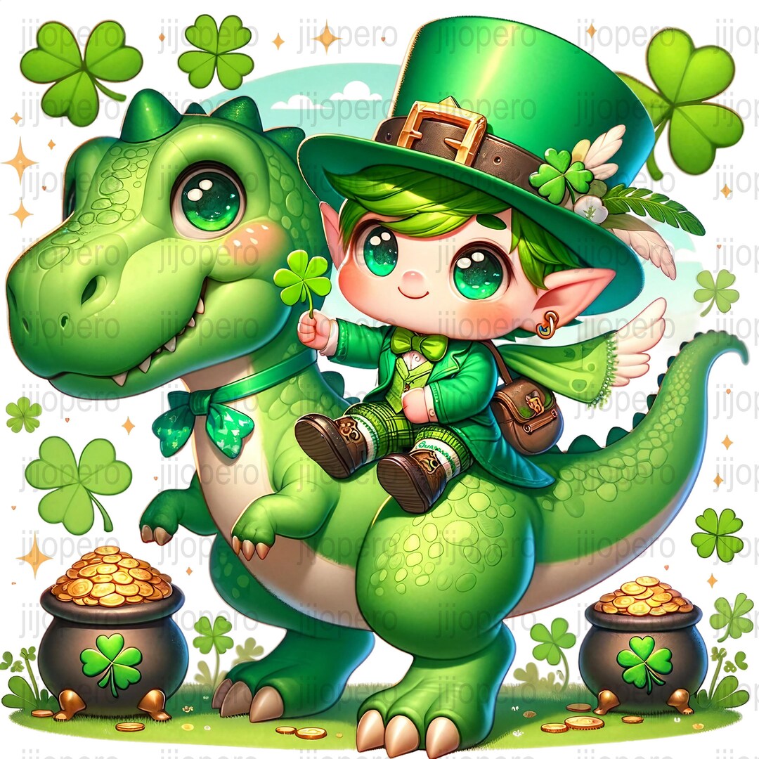 St. Patrick's Day PNG, Cute Dinosaur Clipart, Elf Riding Dino, Green Irish Graphics, Digital ...