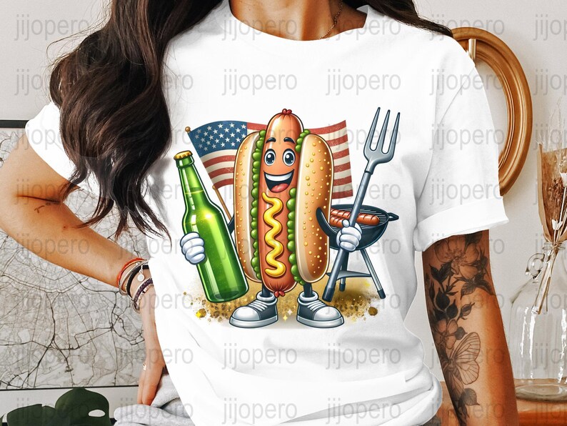 Patriotic Hot Dog Cartoon PNG, American Flag, Beer, BBQ Party Digital ...
