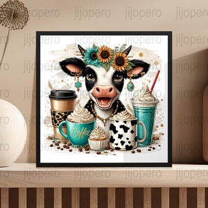 Cute Cow With Coffee PNG, Farmhouse Kitchen Decor Digital Print, Flower ...