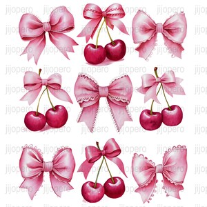 Pink Ribbon Cherry Clipart Set, Digital PNG, Cute Fruit and Bow ...
