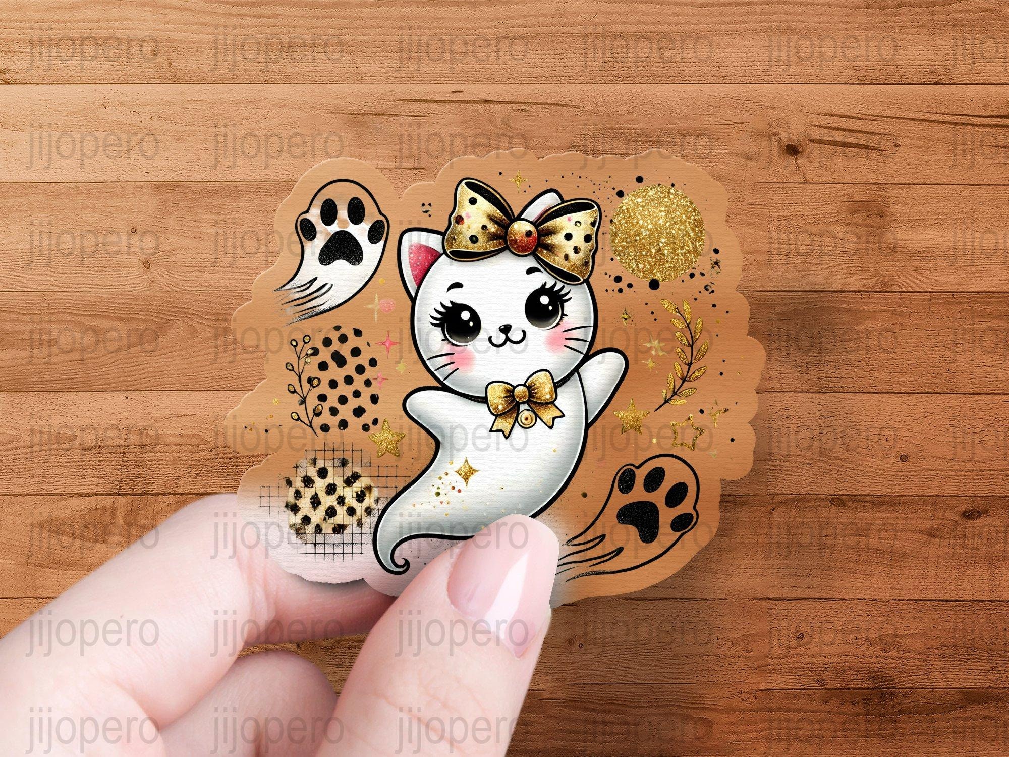 Halloween PNG Cute Ghost Cat With Bow, Golden Stars, Polka Dots Digital ...