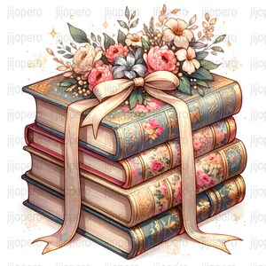 Vintage Floral Book Stack PNG, Digital Download, Old Books Illustration for Crafts and ...