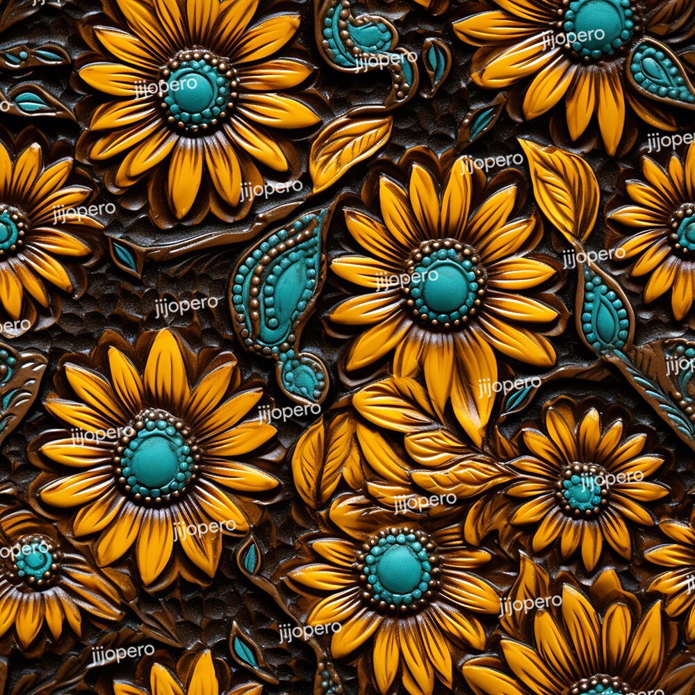 Sunflower Floral Seamless Embossed Tooled Leather Jpg Digital Downloads ...