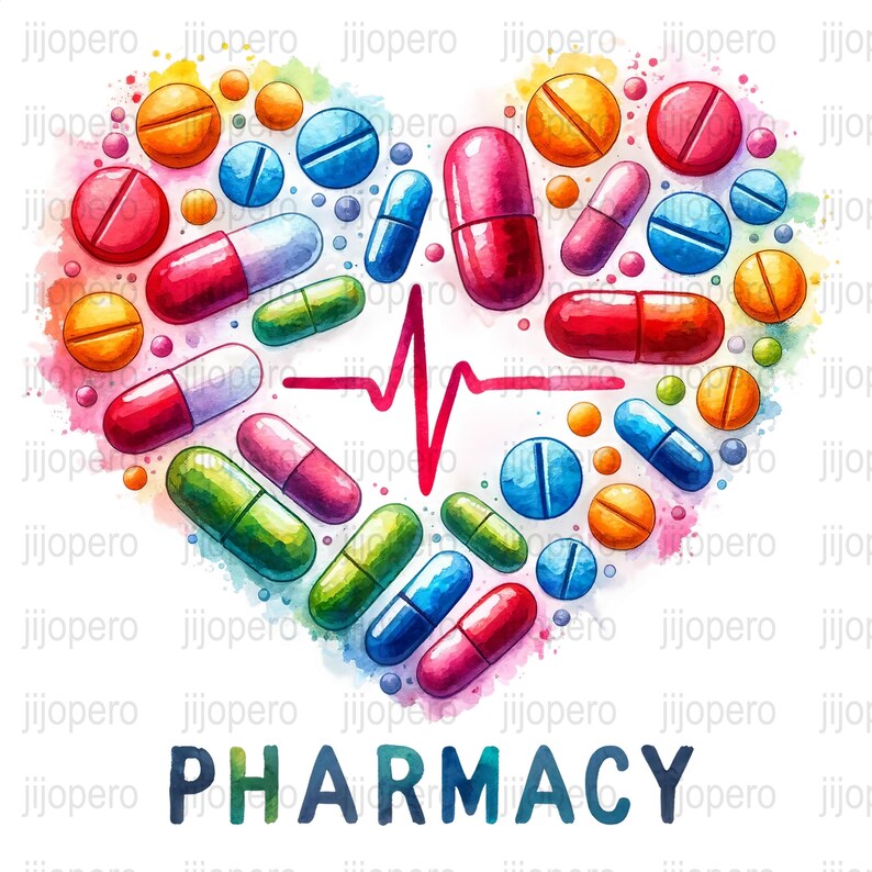 Watercolor Pharmacy PNG Digital Art, Heart Shape Pills and Capsules ...