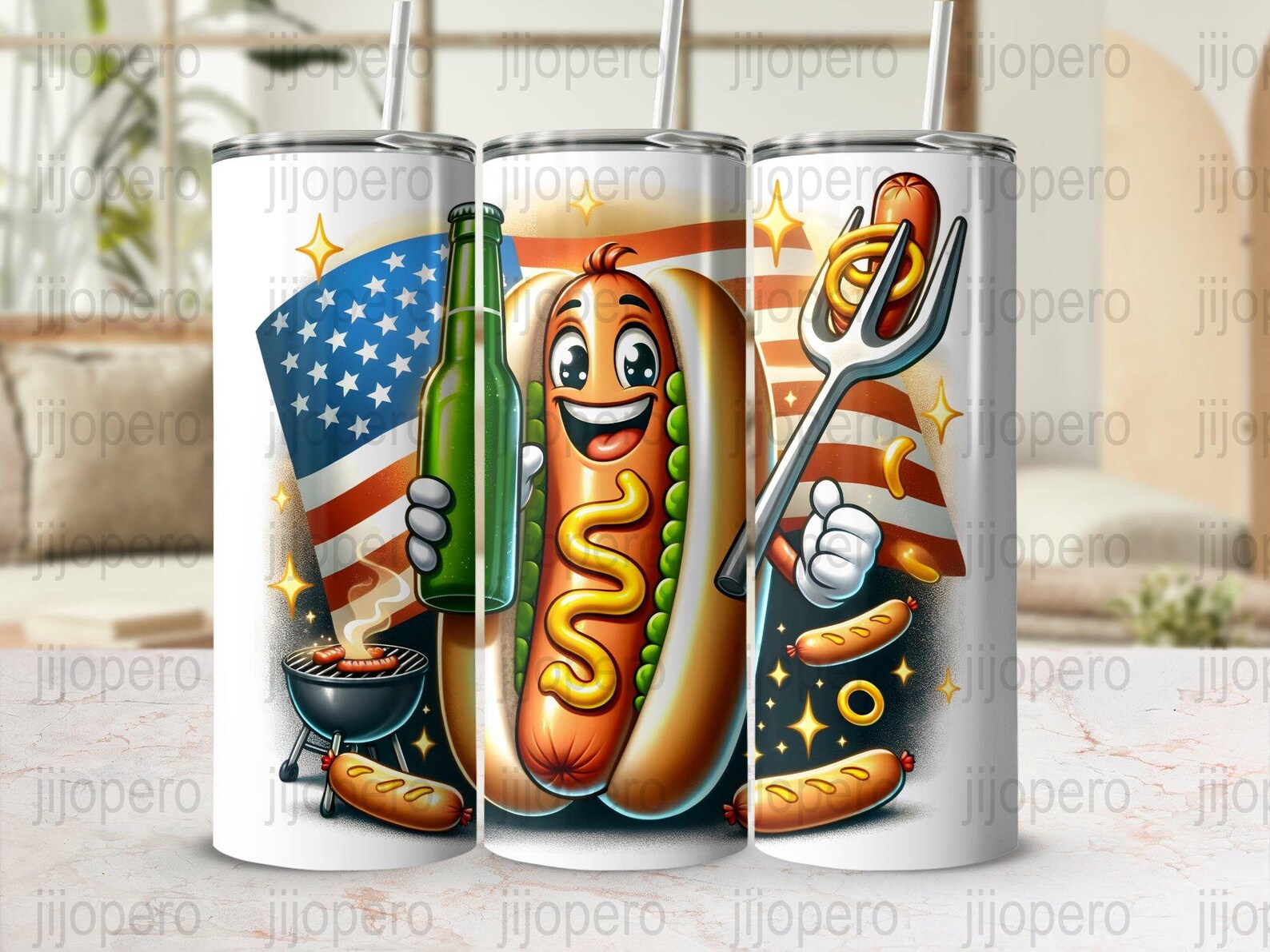 Patriotic BBQ Hot Dog Cartoon Digital PNG, Festive Fourth of July ...