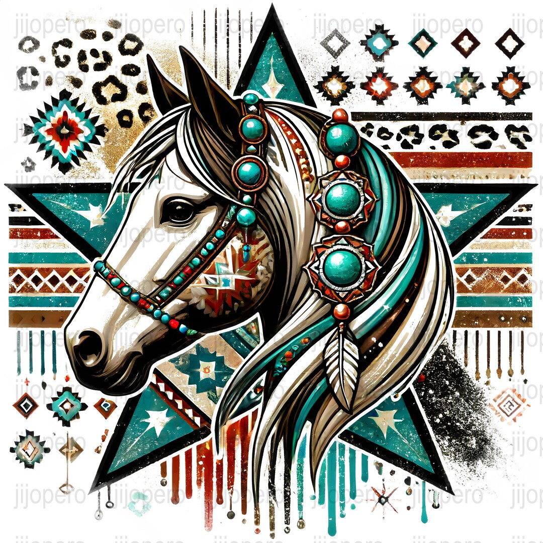 Boho Horse Art Print, Turquoise Beaded Horse, Tribal Patterns, Digital ...