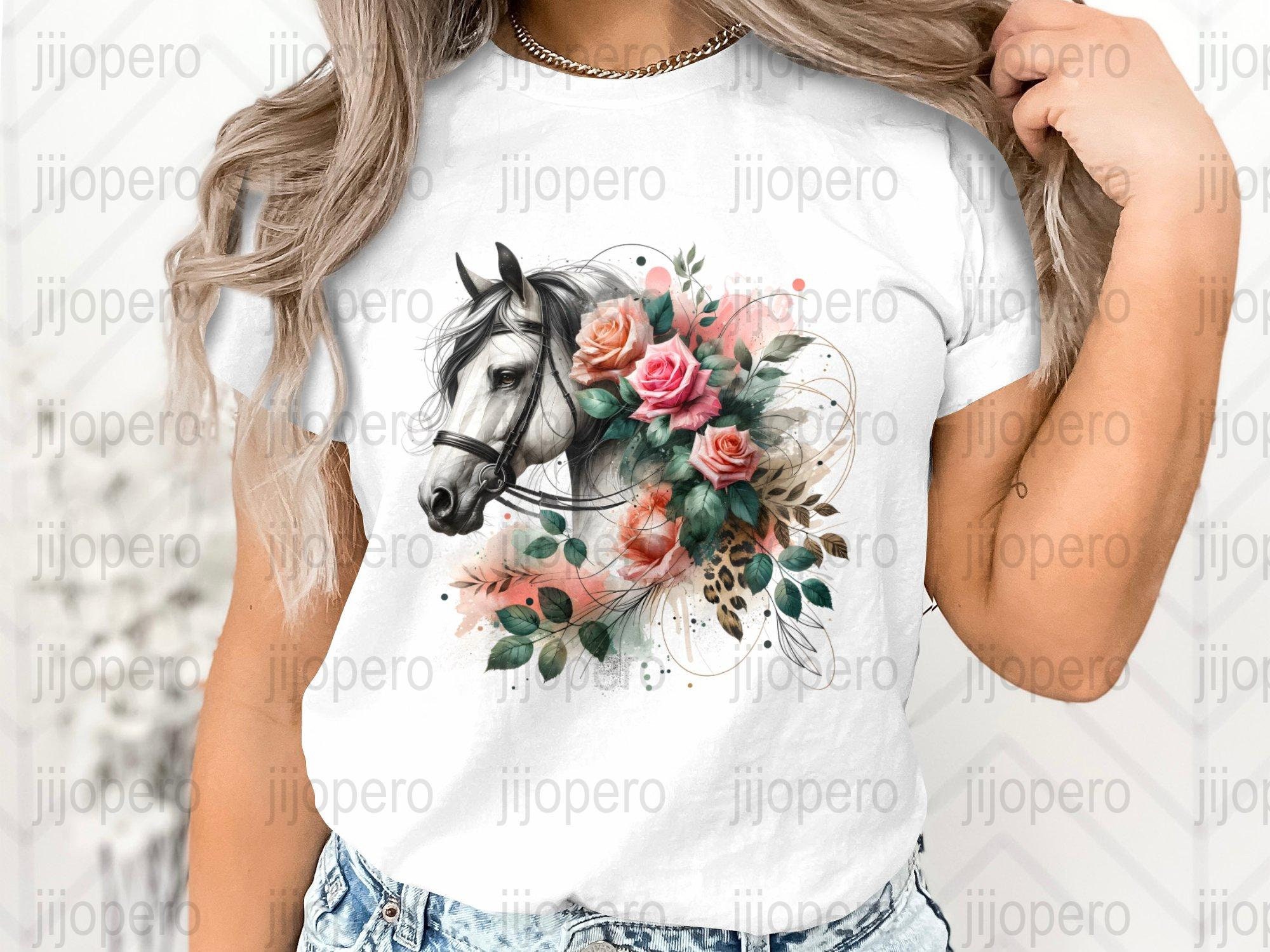 White Horse and Roses Digital Art, Floral Horse PNG Illustration for ...