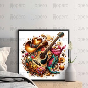 Western Music Guitar Cowboy Hat Digital Art PNG, Colorful Country Theme ...