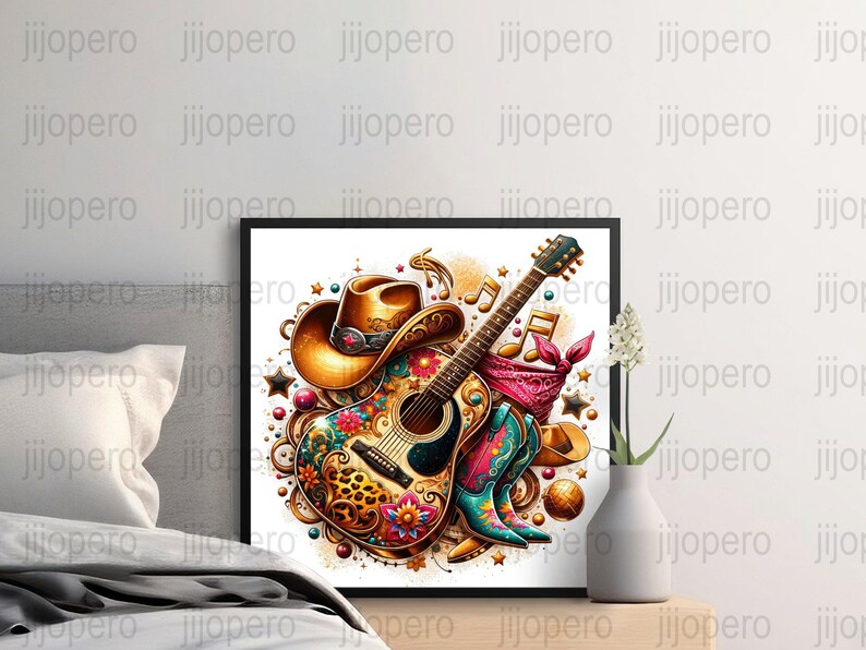 Western Music Guitar Cowboy Hat Digital Art PNG, Colorful Country Theme ...