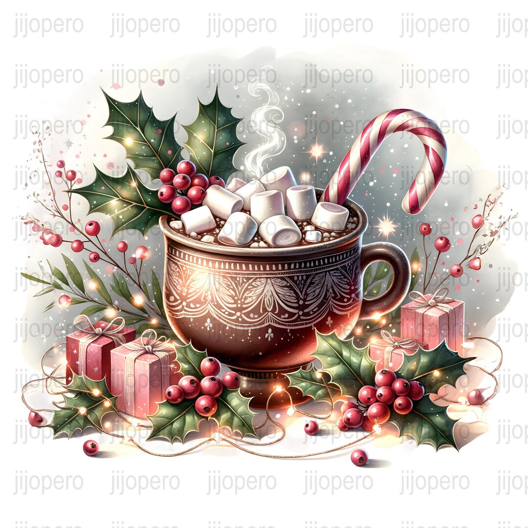Watercolor Christmas PNG Hot Chocolate With Marshmallows Holiday ...