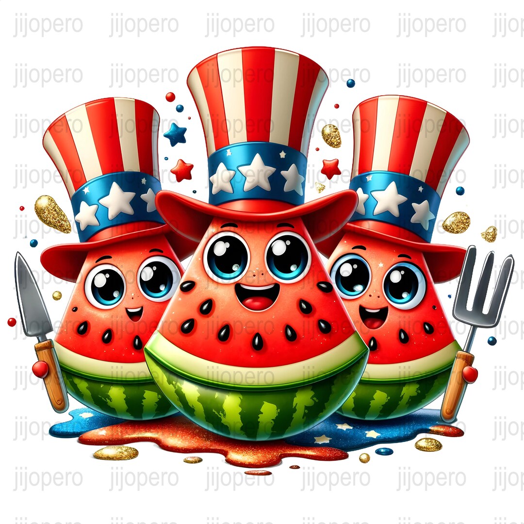 4th of July PNG, Cute Watermelon Characters, Patriotic Digital Art ...