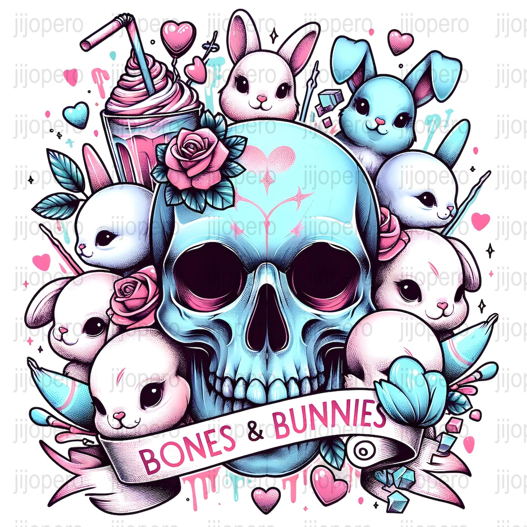 Pastel Goth Skull and Bunnies Digital Print PNG, Cute Dark Art, Kawaii ...