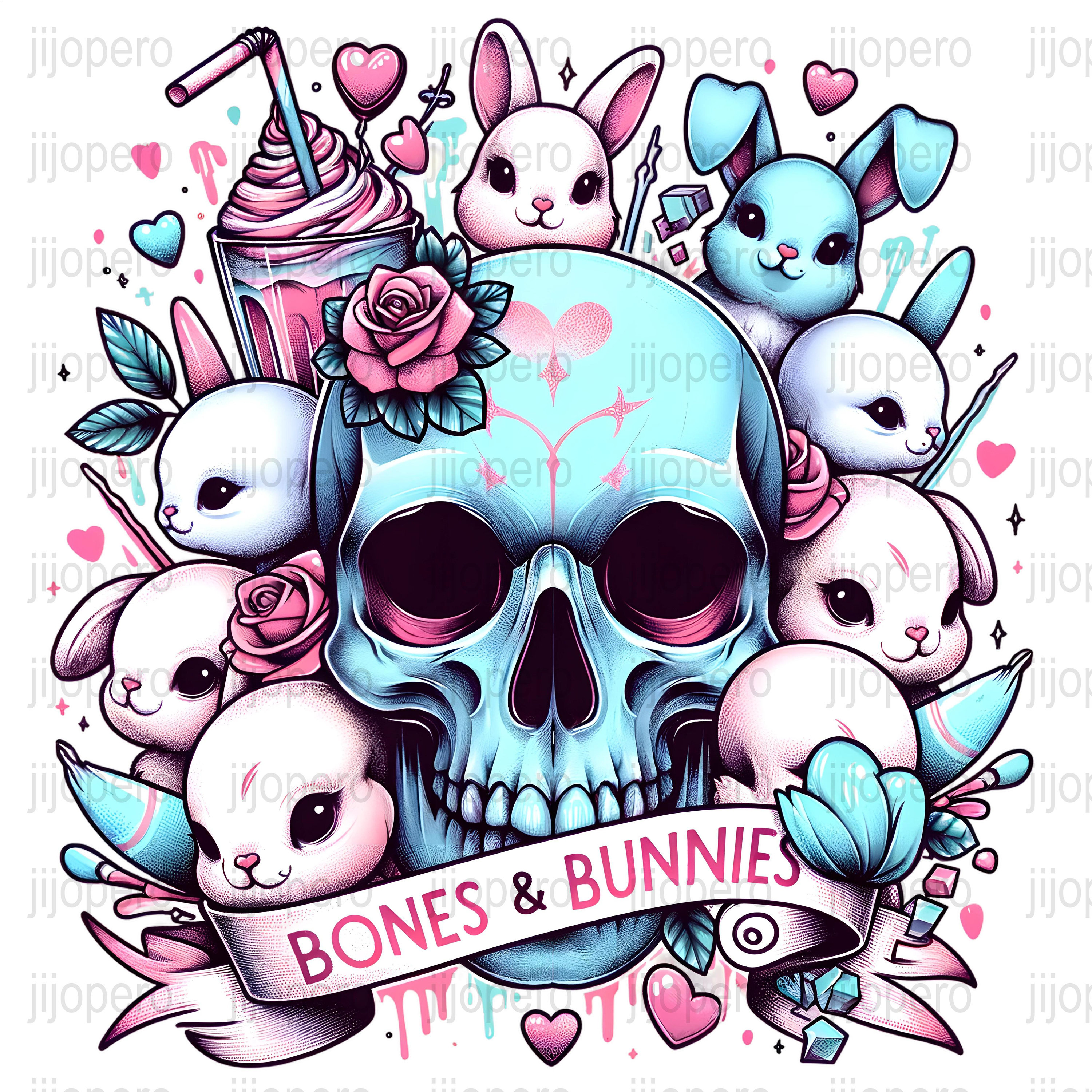 Pastel Goth Skull and Bunnies Digital Print PNG, Cute Dark Art, Kawaii ...