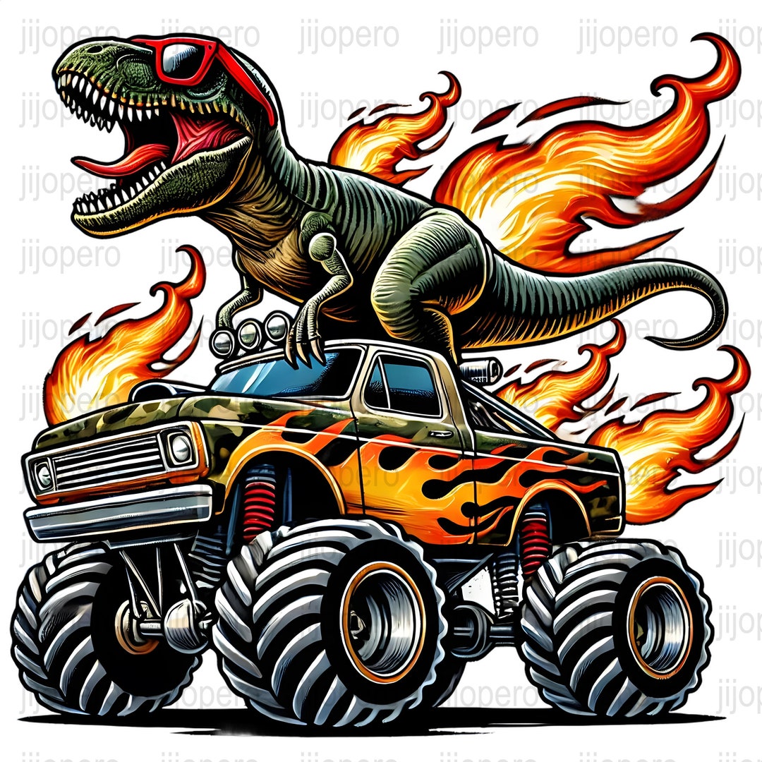 Dinosaur Driving Monster Truck, Flaming Wheels, Cool T-rex PNG, Digital Art for Kids Room, Boys ...