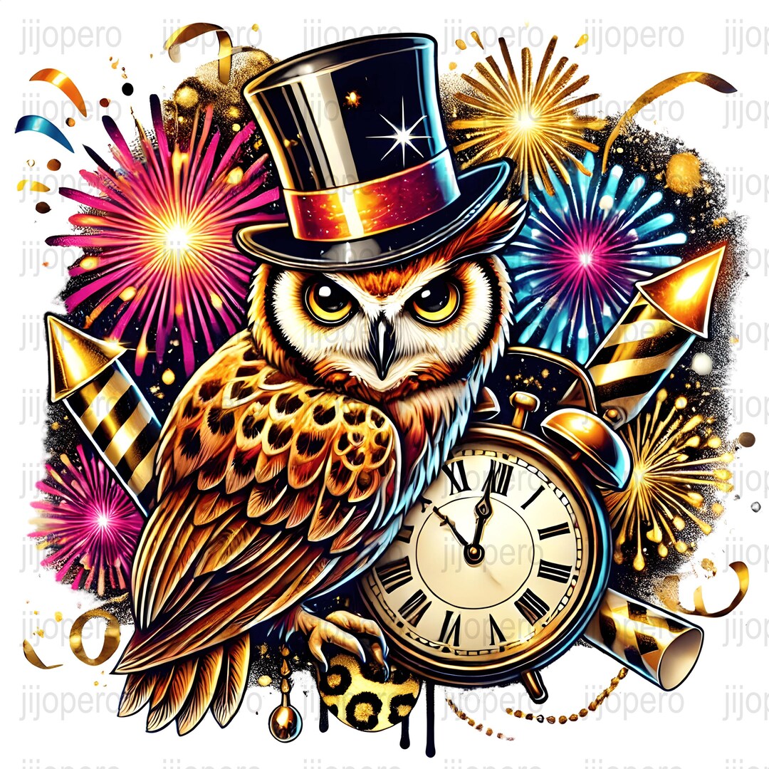 New Year Owl Clipart, Fireworks Digital Art, Party Owl With Clock, New ...