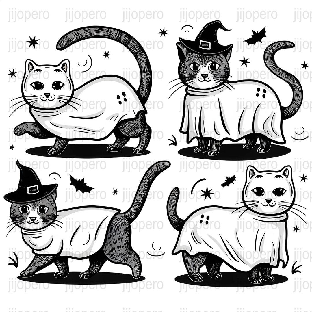 Halloween Cat Clipart, Witch Hat Feline, Spooky Cats Digital PNG, Cute ...