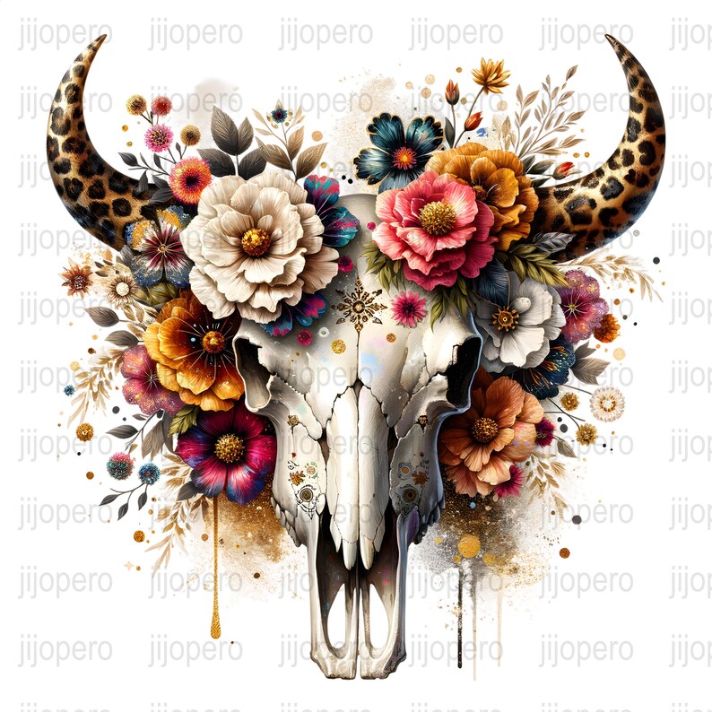 Boho Skull Digital Art PNG, Floral Cow Skull Printable, Chic Bohemian ...