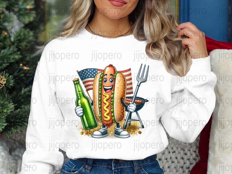 Patriotic Hot Dog Cartoon PNG, American Flag, Beer, BBQ Party Digital ...
