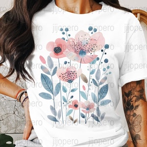 Floral Watercolor Art, Pink and Blue Flowers Digital Print, Beautiful ...