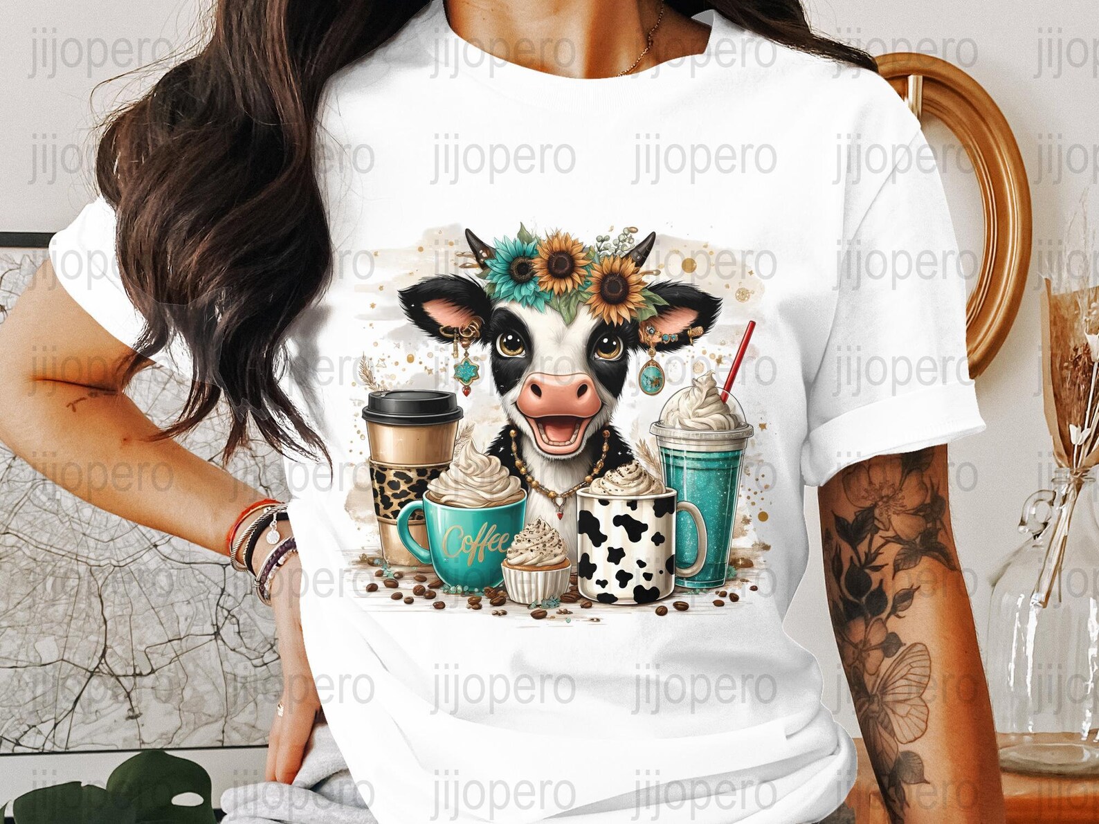 Cute Cow With Coffee PNG, Farmhouse Kitchen Decor Digital Print, Flower ...