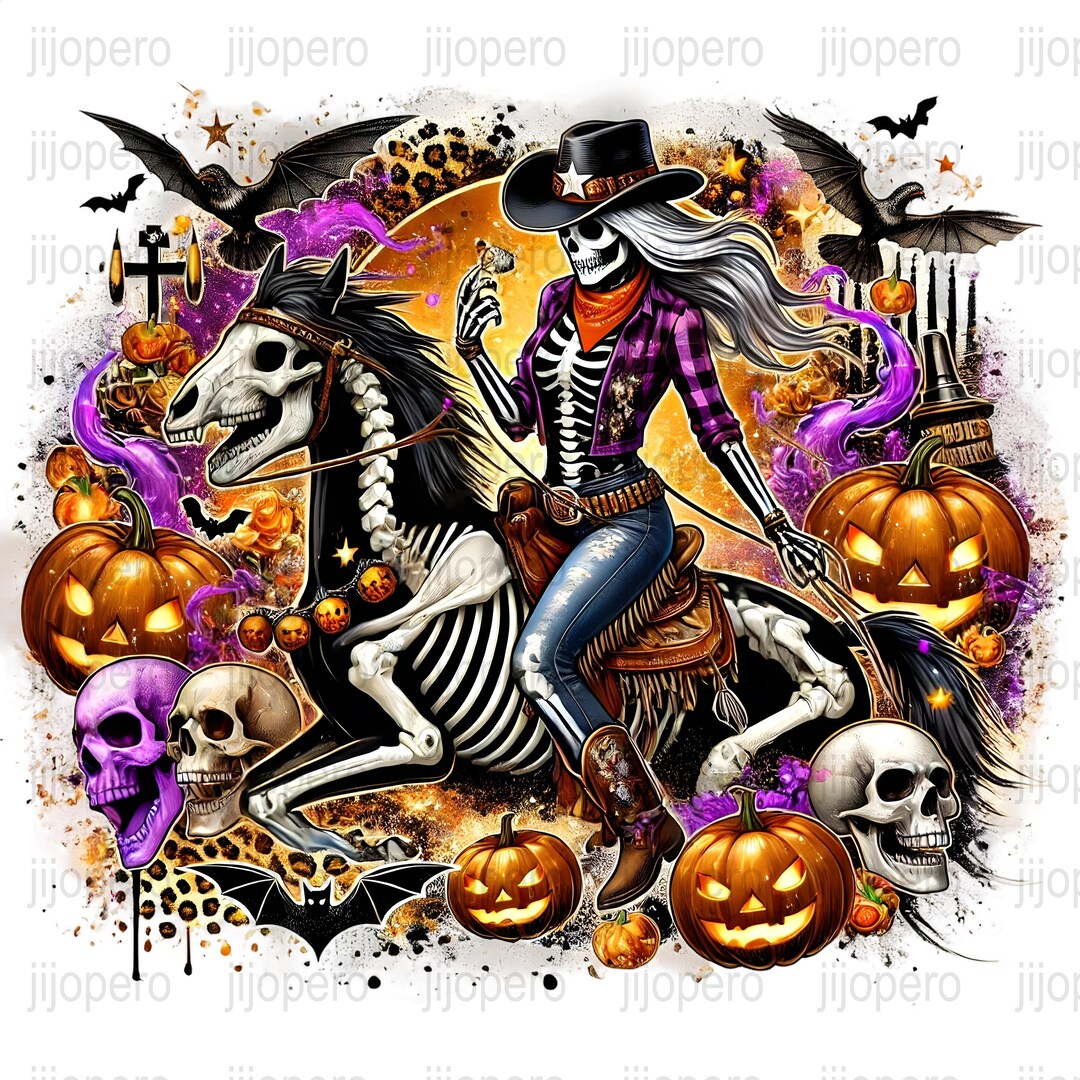 Halloween Skeleton Horse Rider Art Print, Spooky Autumn Decor, Digital ...