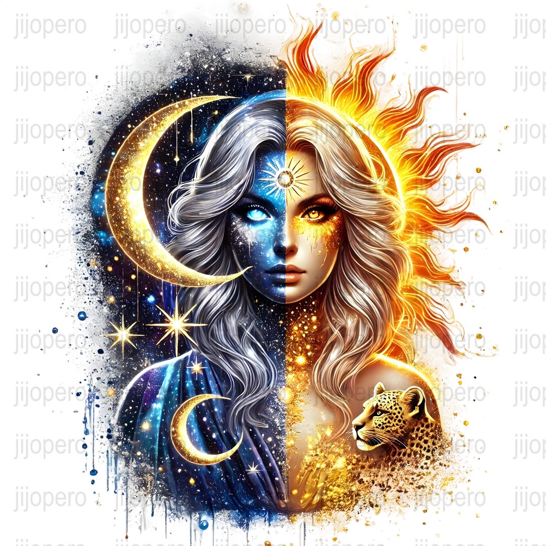 Sun and Moon Goddess Digital Art Print PNG, Celestial Goddess Artwork ...