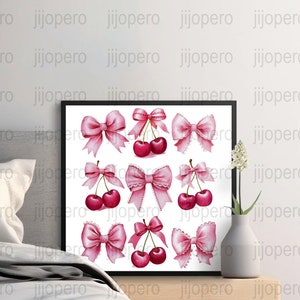 Pink Ribbon Cherry Clipart Set, Digital PNG, Cute Fruit and Bow ...