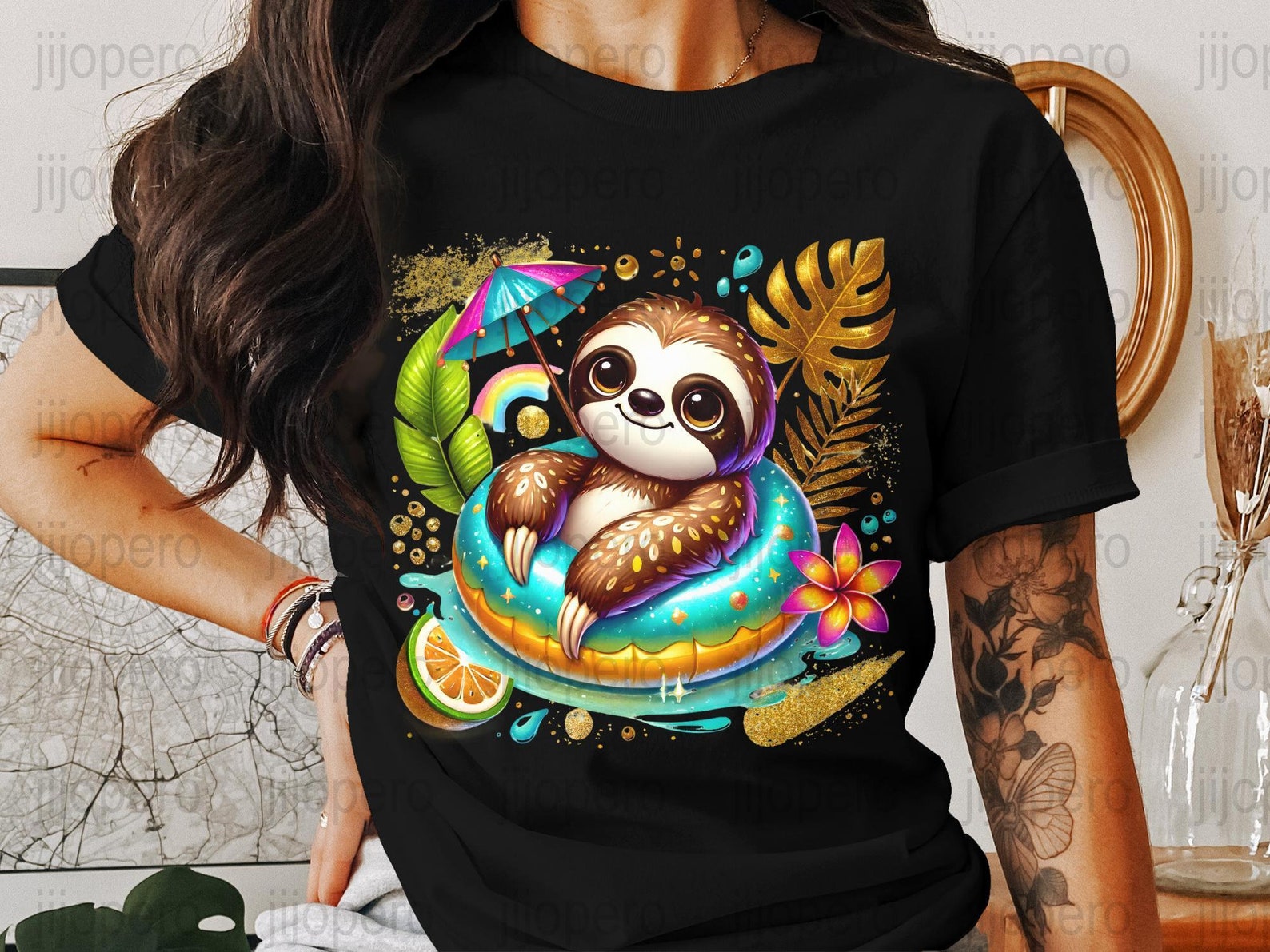 Summer PNG Sloth on Tropical Donut Float, Cute Digital Clipart, Beach ...