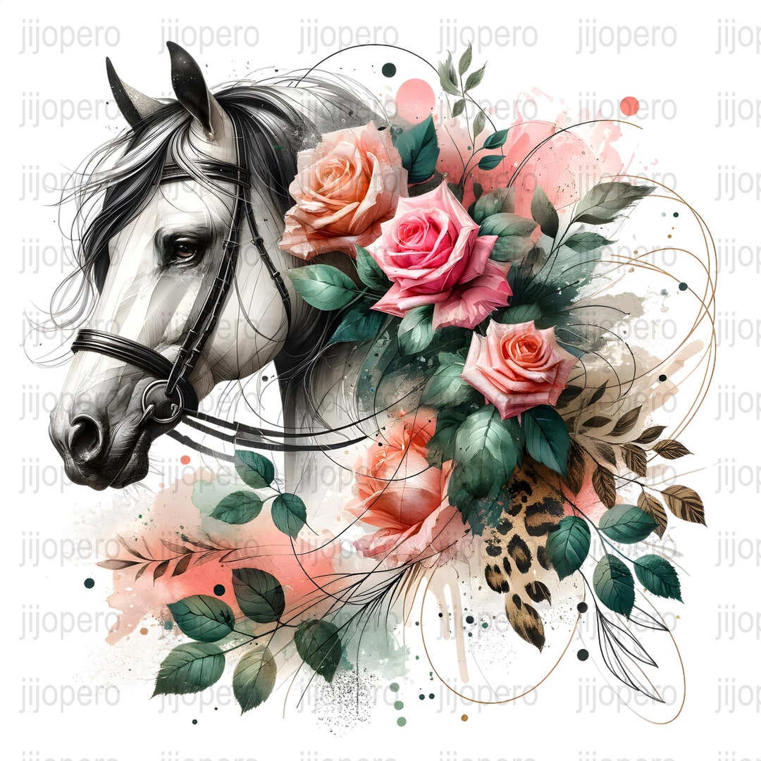 White Horse and Roses Digital Art, Floral Horse PNG Illustration for ...