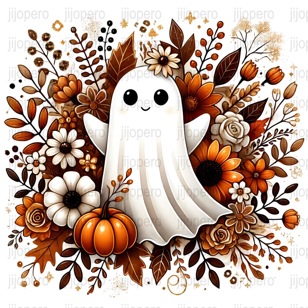 Halloween PNG, Cute Ghost Clipart, Autumn Floral Wreath, Fall Pumpkin ...