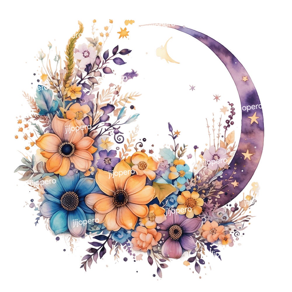 Floral Moon Png Half Moon Cutfile Crescent Moon Png Moon - Etsy