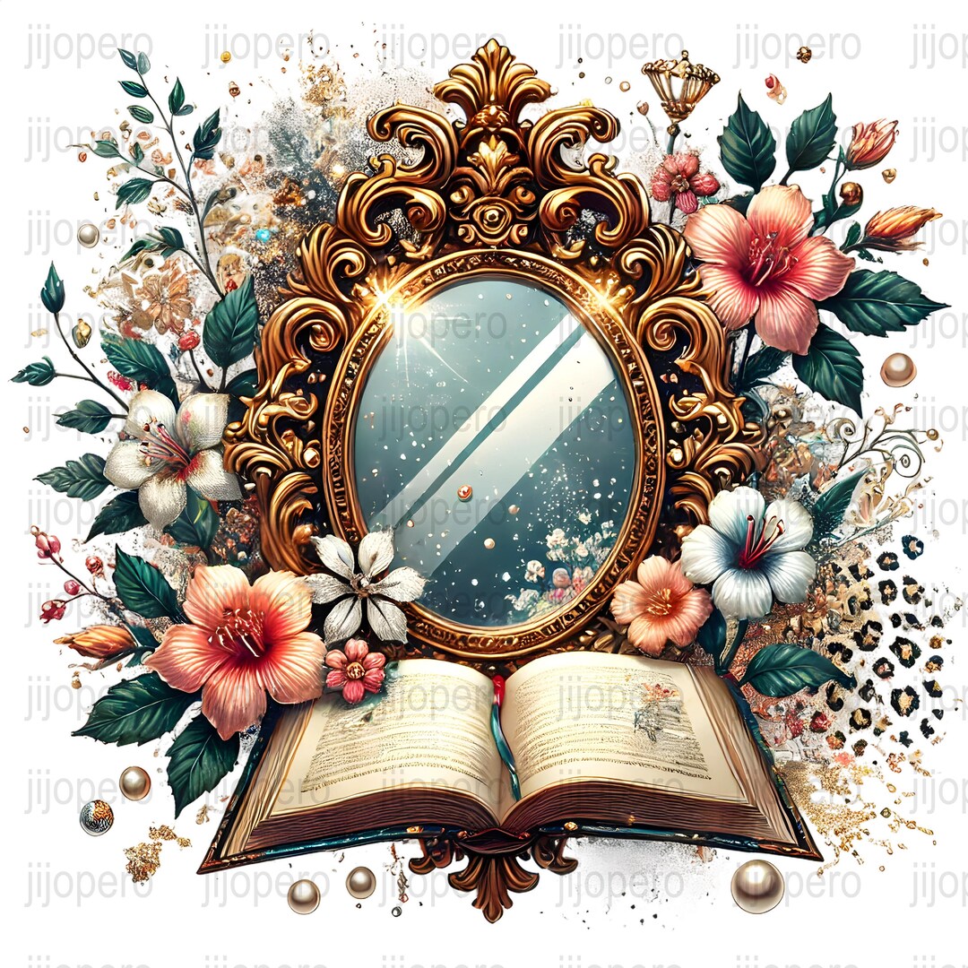 Vintage Floral Mirror and Open Book Illustration PNG, Digital Download ...