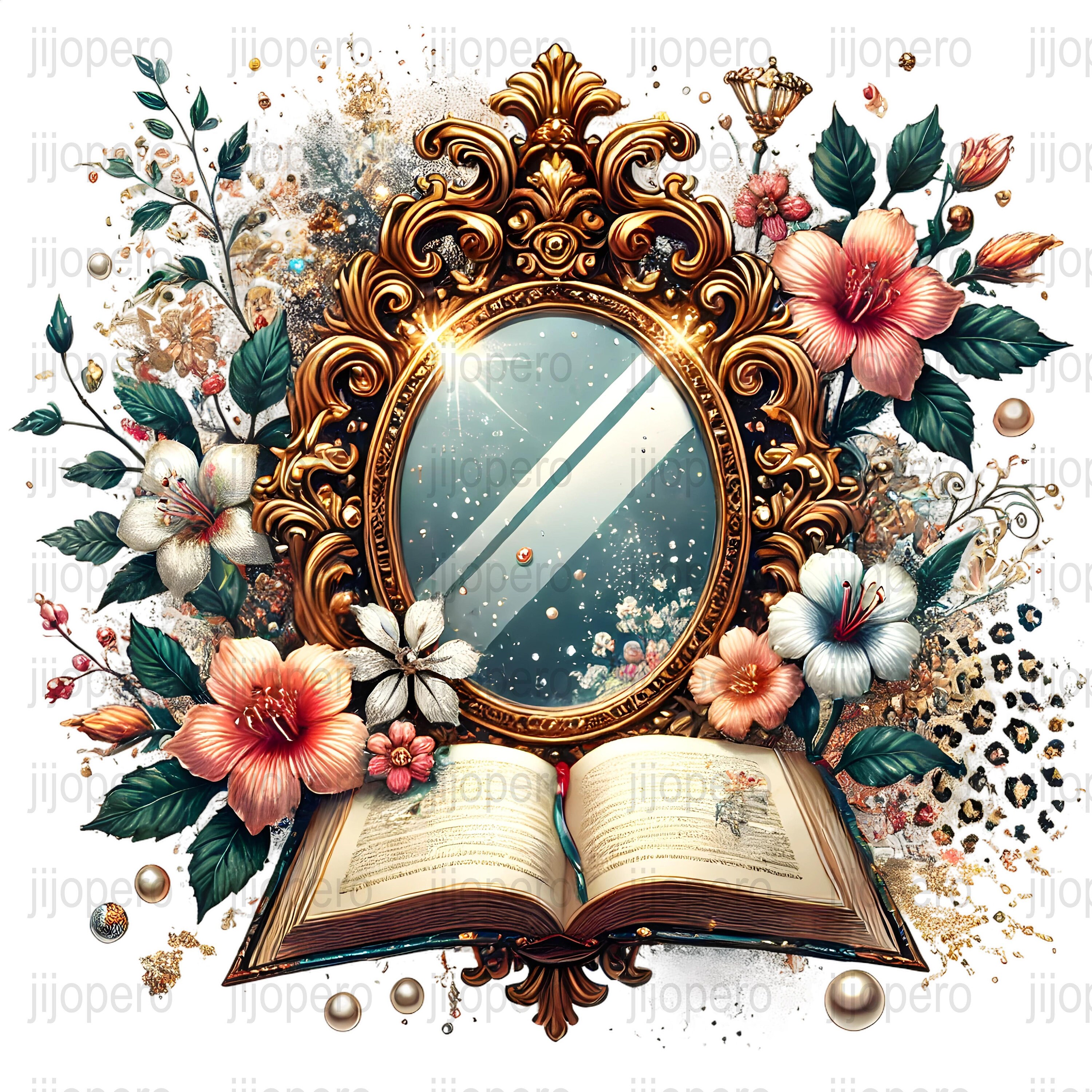 Vintage Floral Mirror and Open Book Illustration PNG, Digital Download ...