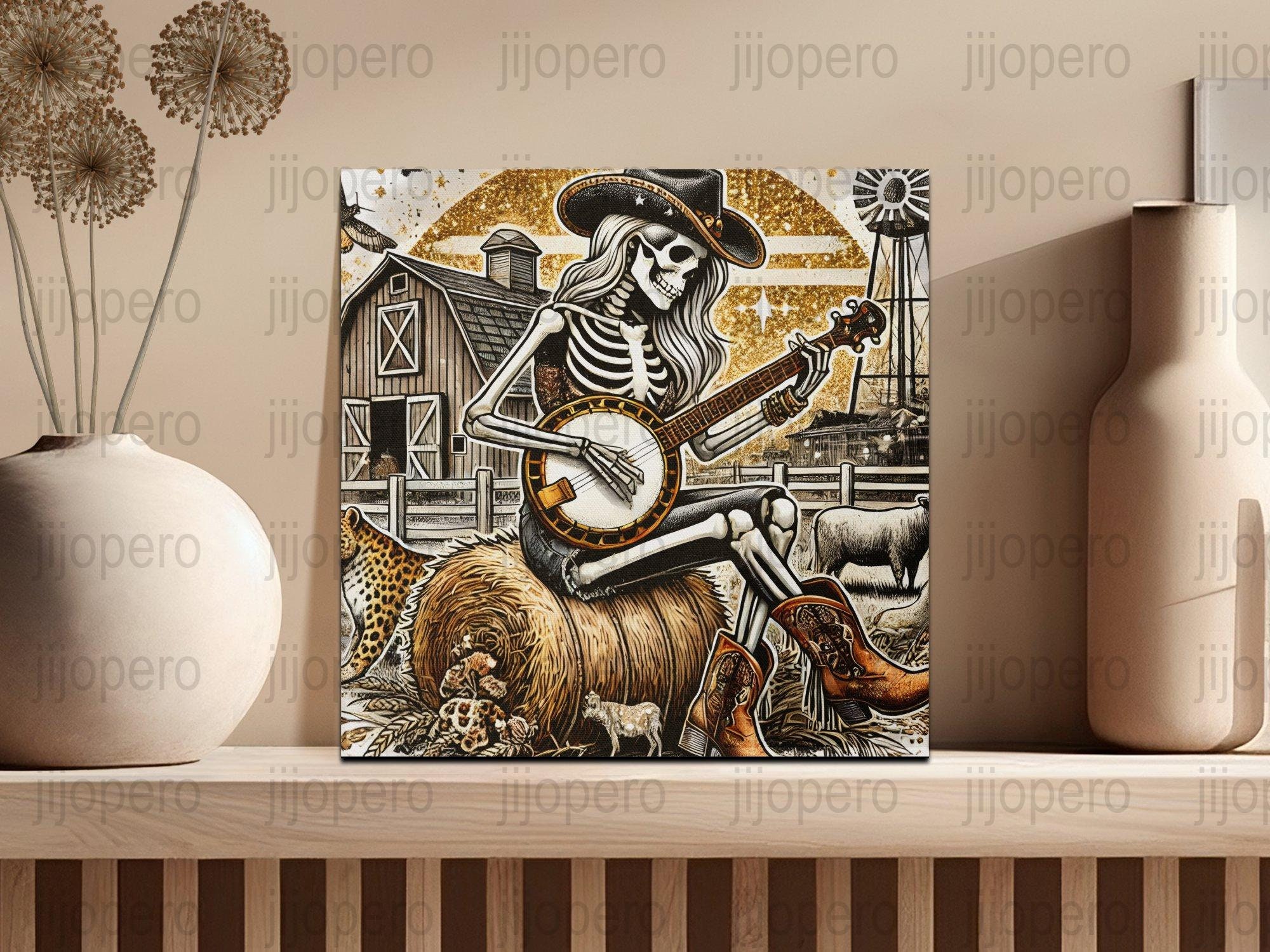 Skeleton Playing Banjo Farm Scene Digital Art PNG, Rustic Country Music ...